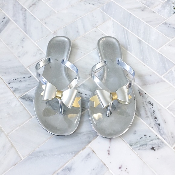 Shoes | Metallic Silver Bow Flip Flops | Poshmark